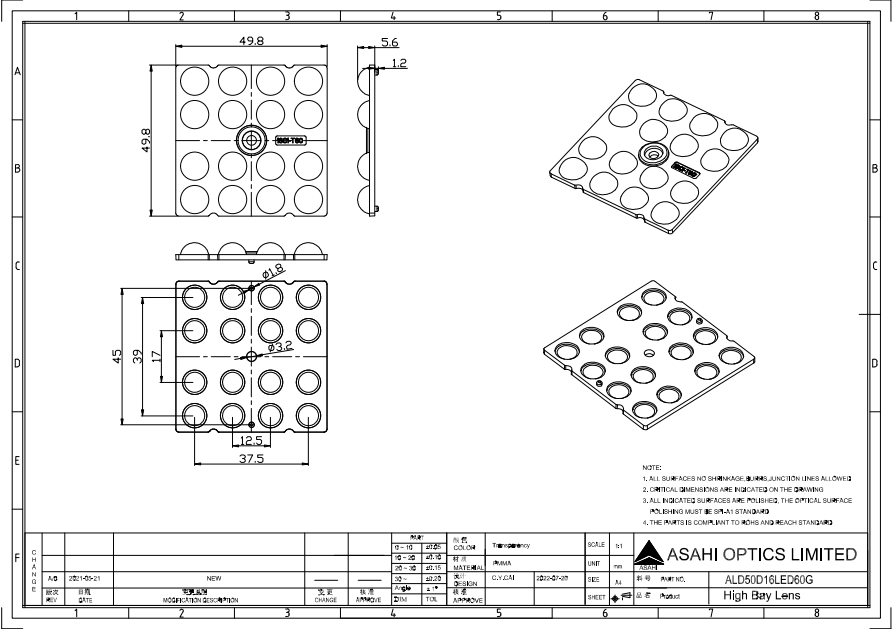 16in1 Lens Array 3030LED 60degree Wide-area Light Optics - Asahi Optics