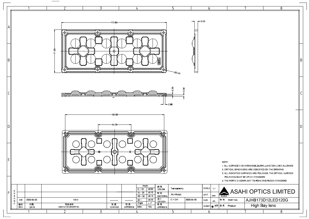 173mm 2x6 LED lens 120° desgined for High Bay Lights - Asahi Optics