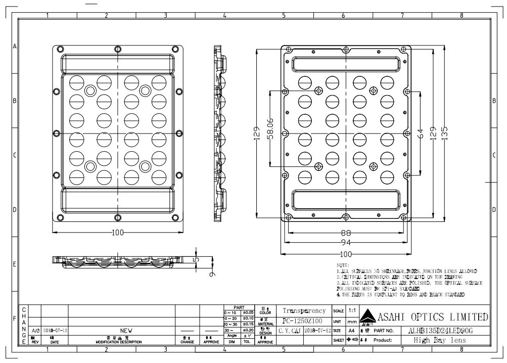 24LEDs 4x6 Arrays Lens 90° For High Bay Lighting - Asahi Optics