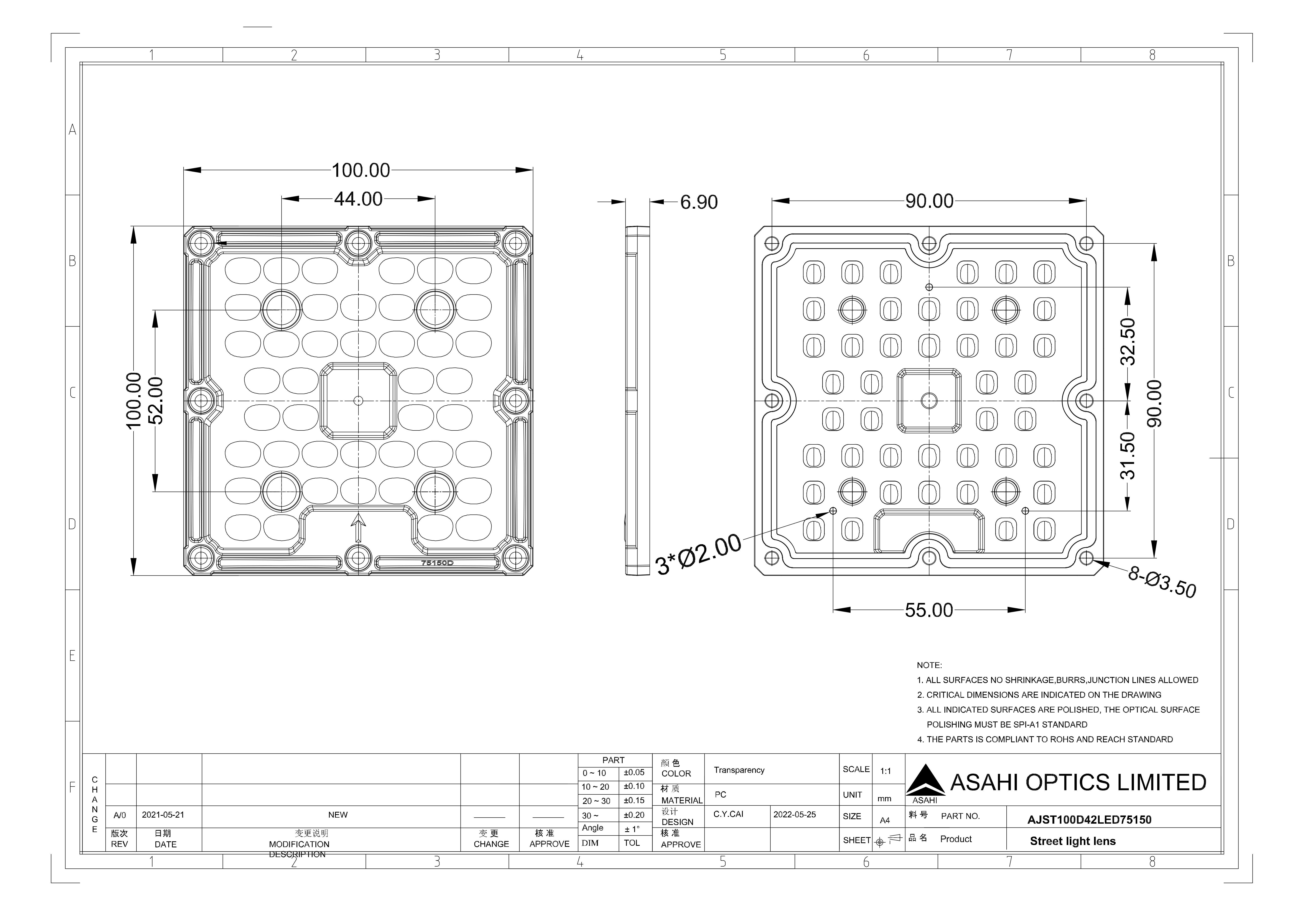 42LEDs 75x150° Asymmetric Beam Compact Multi-Module Street Lens - Asahi ...